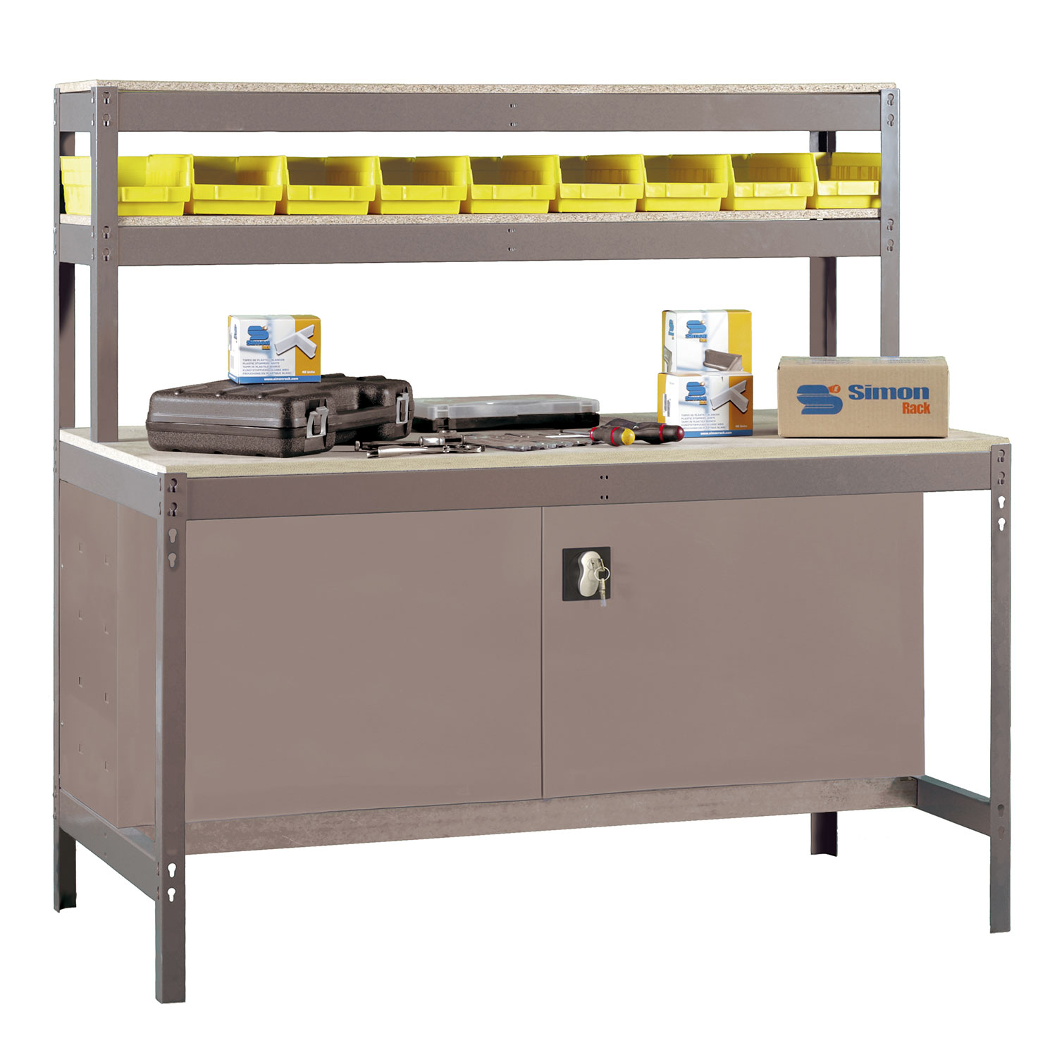 Banco trabajo + altillo + armario (gris)